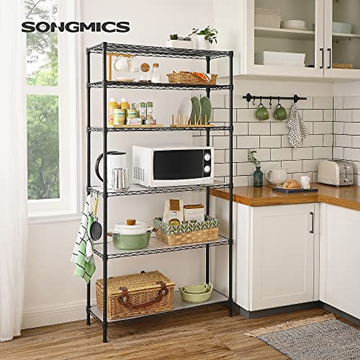 SONGMICS Garage Shelving, 6-Tier Wire Shelving Unit, Kitchen Storage Rack with Adjustable Shelves, Shelf Liners, 8 Hooks, Total Max. Load 528 lb, for Living Room, Garage, Black ULGR096B01