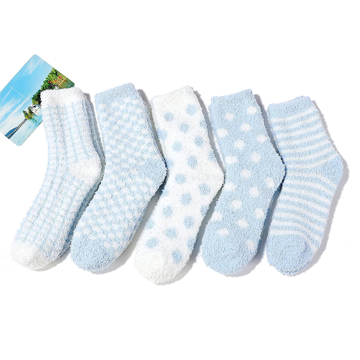 Zando Womens Fuzzy Socks for Girl Winter Socks Thick Warm Socks Fluffy Home Fuzzy Slipper Socks House Slipper Socks Bulk Cozy Comfy Plush Socks Sleeping Christmas Socks 5 Pairs Blue White Series