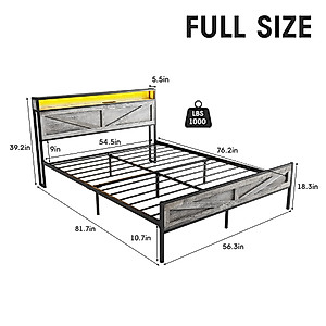 Vabches Full Size Bed Frame with Headboard and Charging Station, Wash Grey Platform Bed Frame with Led Light, No Box Spring Needed, Noise Free Farmhouse Bedroom Set