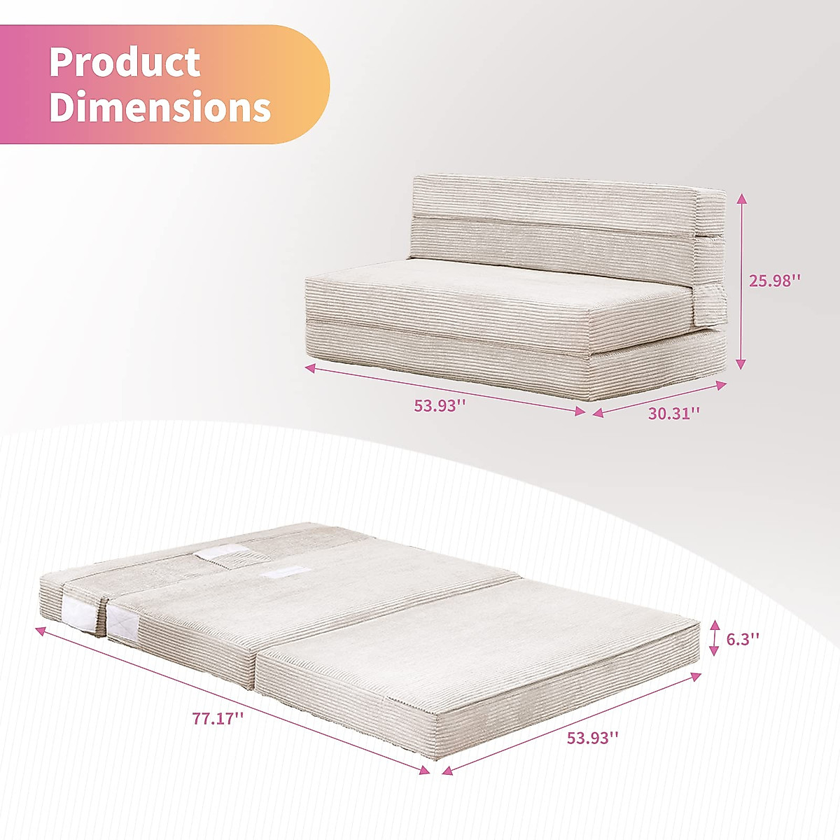 Mixoy Folding Sofa Mattress, Tri Fold Sofa Chair Bed 6.3”,Upholstered Guest Chaise,Floor Couch Sleeper,Folding Futon Sofa Bed Lounge Chaise for Guests,Living Room and Bedroom(Full Size,Beige) 1