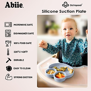 Abiie Octopod Frog Silicone Plates with Suction - Spill Proof, Easy to Clean - BPA-Free Bowl - Suction Plates for Baby and Toddler - Training & Feeding Divided Grip Dish (Sage Green)