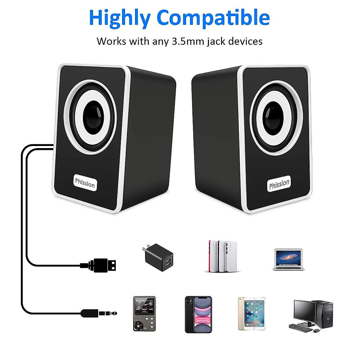 Computer Speakers, Phission Mini Speaker with Stereo Sound 6W USB Powered 3.5 mm AUX-in Portable Speaker for Computer, Laptop, Notebook, Desktop (Black)