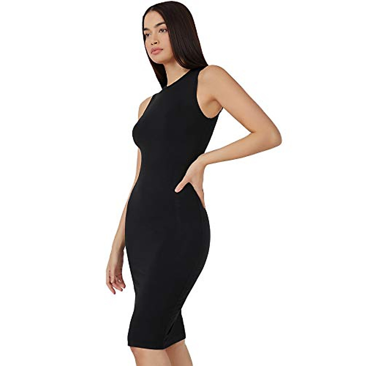 Verdusa Women's Sleeveless Round Neck Basic Bodycon Pencil Knee Length Dress Black L