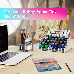 ARFETIGO 6 Layer Acrylic Paint Organizer&Paint Brush Holder Snap-on Design Easy Assembly Paint Storage Rack for Acrylic Craft Hobby Miniature Model Light Paint Can Storage (Grey)