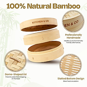 KITCHEN & CO 10-inch Dumpling Bamboo Steamer- Complete Set of 2 Tier Bamboo Steamer Basket 2 Chopsticks, 1 Rolling Pin, Ceramic Dish & More-Bringing Tradition to Your Table, One Steamed Dish at a Time