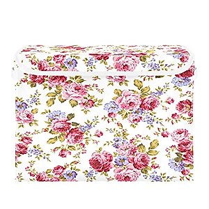 Kigai Floral White Storage Basket with Lid Collapsible Storage Bin Fabric Box Closet Organizer for Home Bedroom Office 1 Pack