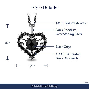 Jewelili Enchanted Disney Fine Jewelry Black Rhodium Over Sterling Silver 7 MM Heart Cut Onyx and 1/4 Cttw Treated Black Round Diamond Maleficent Heart Pendant Necklace 18" Cable Chain