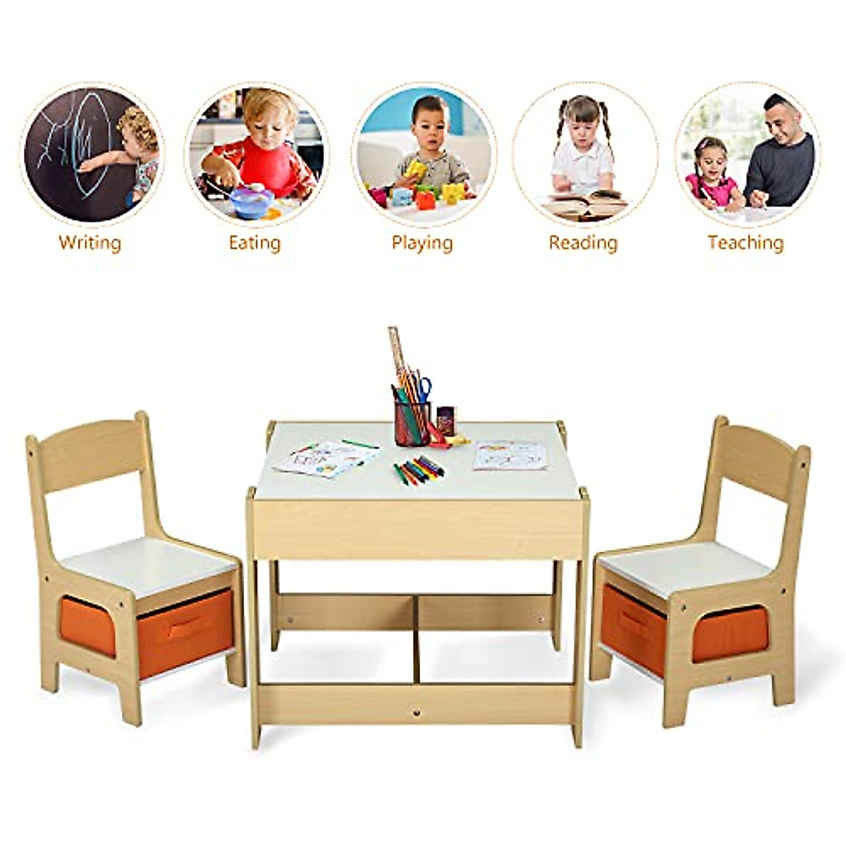 Kinsuite 3 in 1 Kids Table and Chair Set, Wood Activity Table and 2 Chair Set for Toddlers Arts Crafts Drawing Reading Playroom, Tabletop Storage Space Gift for Boys & Girls
