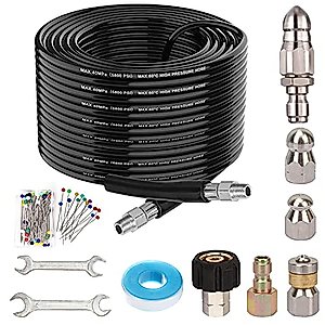 100FT Sewer Jetter Kit for Pressure Washer, 5800PSI Drain Cleaner Hose 1/4 Inch NPT Corner, Rotating and Button Nose Sewer Jetting Drain Jetter Hose Nozzle Pearl Corsage Pin Spanners Waterproof Tape