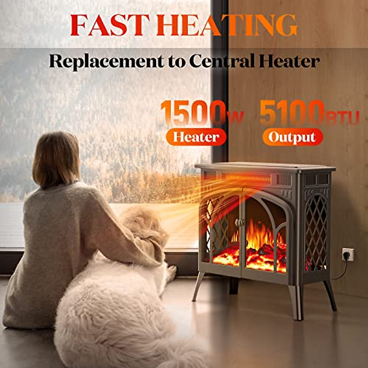 Rintuf Electric Fireplace Heater, 1500W Electric Fireplace Stove with 3D Flame Effect, 5100BTU Infrared Fireplace, Remote Control, Timer, Low Noise, Ideal for Indoor Home Use