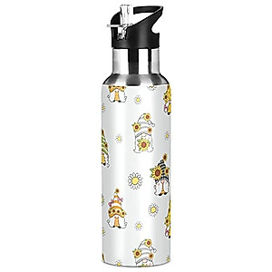 Kigai Sunflower Gnome Water Bottle with Straw Lid 32oz Vacuum Insulated Stainless Steel Sport Water Bottles for Gym, School, Travel