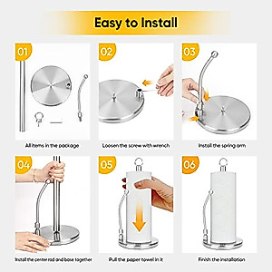 Paper Towel Holder Stainless Steel - One Hand Tear Paper Towel Dispenser Standing Weighted Base Non Slip, Spring Arm, Stainless Steel Paper Towel fits in Kitchen Bathroom Countertop Silver