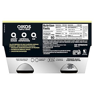 Oikos Triple Zero Vanilla Nonfat Greek Yogurt Pack, 0% Fat, 0g Added Sugar and 0 Artificial Sweeteners, Just Delicious High Protein Yogurt, 4 Ct, 5.3 OZ Cups