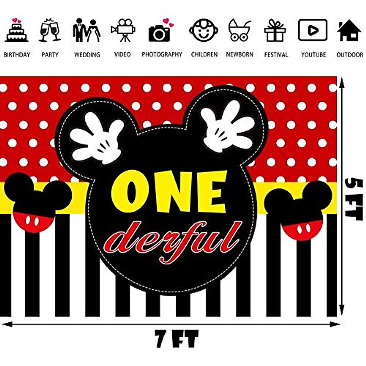 7x5 FT Mickey First Birthday Photography Backdrop Mickey Inspired Onederful Photo Background Mouse 1st Birthday Baby Shower Party Supplies Photo Studio Props Decorations Banners