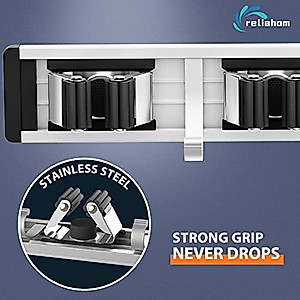 reliahom 2 Pack Broom Holder Mop Hanger Wall Mount Metal Organization Garage Storage System Garden Kitchen Tool Organizer(5 Racks with 4 Hooks, Black)