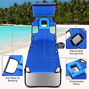 Menkxi Tanning Chair with Face Hole, Heavy Duty Folding Chaise Lounge Chair Supports 551LBS Weight Portable Lay Flat Chair with Arm Hole for Beach Camping Patio Pool Sunbathing Reading(75 Inches)