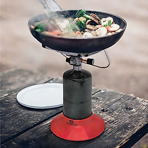 Outbound Single Burner 3 Piece Portable Adjustable 10,000 BTU Propane Camping Stove Kit with Even Heat Distribution, Sturdy Base & Storage Case, Red