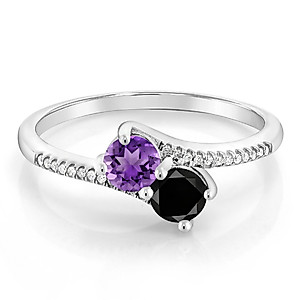 Gem Stone King 10K White Gold Forever United 2 Stone Purple Amethyst and Black and White Diamond Engagement Ring For Women (0.68 Cttw, Round, Avaiable in Size 5,6,7,8,9)