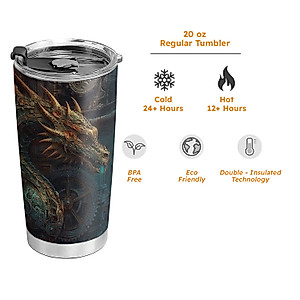 64HYDRO 20oz Steampunk Mechanical Engineer Clockwork Dragon Tumbler, Gaming, Gamer Gifts for Dragon Lovers, Stainless Steel Double Wall Vacuum Insulated Coffee Mug, Travel Cup with Lid