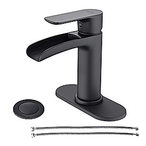 NEWATER Waterfall Brass Bathroom Faucet Single-Handle Black Bathroom Sink Faucet Matte Black Single Hole or 3 Holes 4 inch faucet for bathroom sink，RV Vessel Vanity Faucet with Deck Mount，Pop-Up Drain