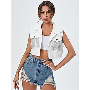 Verdusa Women's Fringe Raw Trim Sleeveless Denim Vest Jean Jacket Coat White S