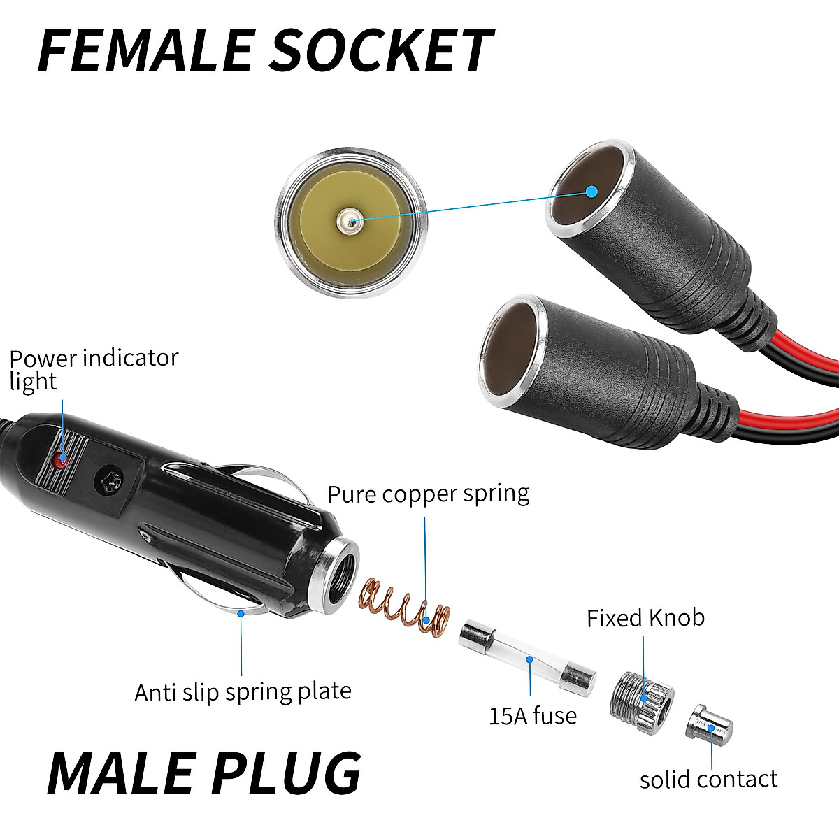 Car Cigarette Lighter Y Splitter Cable YACSEJAO 14AWG 2FT 12V/24V 1 to 2 Car Cigarette Lighter 2-Way Extension Cord