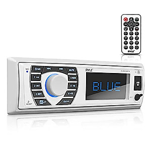 Pyle Bluetooth Marine Receiver Stereo - 12v Single DIN Style Boat In dash Radio Receiver System with Digital LCD, RCA, MP3, USB, SD, AM FM Radio - Remote Control, Wiring Harness - PLRMR23BTW (White)