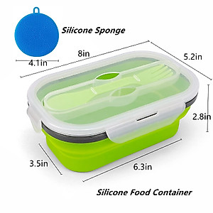 EcoMorning Green Silicone Lunch Container Bento Lunch Box Collapsible Food Storage Container with Airtight Lid and Fork, Ideal For Lunch, Camping, 800ML