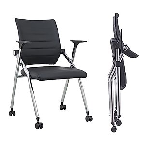 Folding office chair with wheels portable,comfy chair for desk,Home office chair ergonomic desk chair leather padded seats,desk chair for bedroom,conference training chairs for adults livingroom,black
