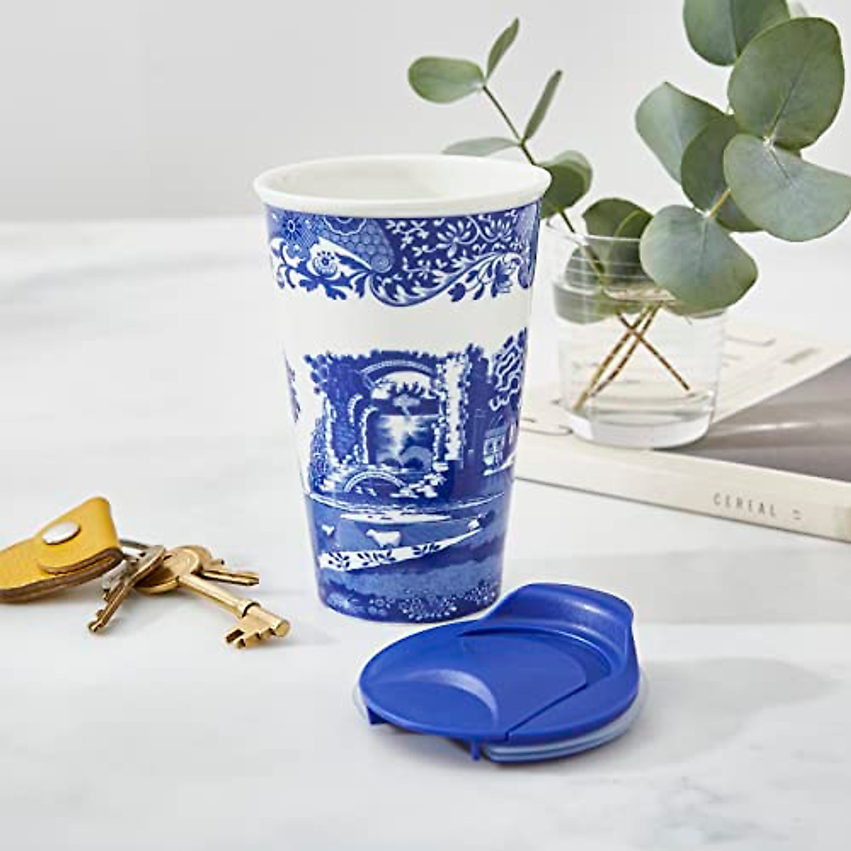 Spode Blue Italian Travel Mug | Made of Porcelain | Travel Tumbler for Coffee and Tea | Hot Water Cup | Dishwasher and Microwave Safe (8 oz)