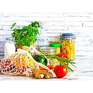 WHITEWRAP Cotton Mesh String Reusable Bag Long Handle Net Tote Bag| 13"x14" | 2-Pack | Natural | Reusable Grocery Bags, Vegetable Bag, Shopping bag, Hand bag