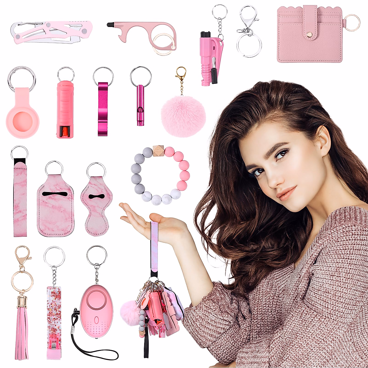 AMIR Safety Keychain Set for Women, Wristlet Strap Keychain with Personal Alarm and Pom Pom Accessories Kit, Gifts for Women and Girls