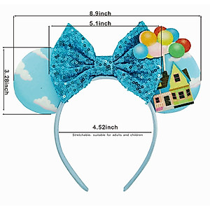 WW-WONDERFULWORLD Mouse Ears Headbands With Shiny Blue Bows, for Girls Costume Cosplay Glitter Party, for Kids & Adult, Sky + Balloon + House; 2QQ
