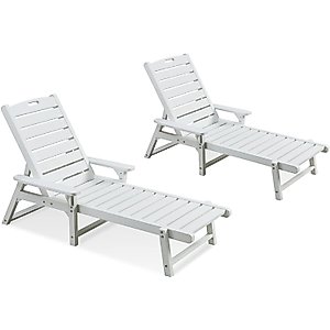 Psilvam Chaise Lounges Set of 2, Lounge Chairs with Adjustable Backrest, Supports Up to 350 lbs, All Weather Recliner Poly Lumber Lounges Bed for Poolside, Porch, Patio（White (2)