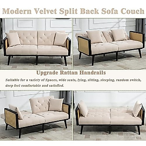 Lin-Utrend Velvet Loveseat Sofa with Rattan Armrest,61" Convertible Futon Sofa Bed,Sleeper Sofa Couch Loveseat for Small Space,Living Room,Apartment
