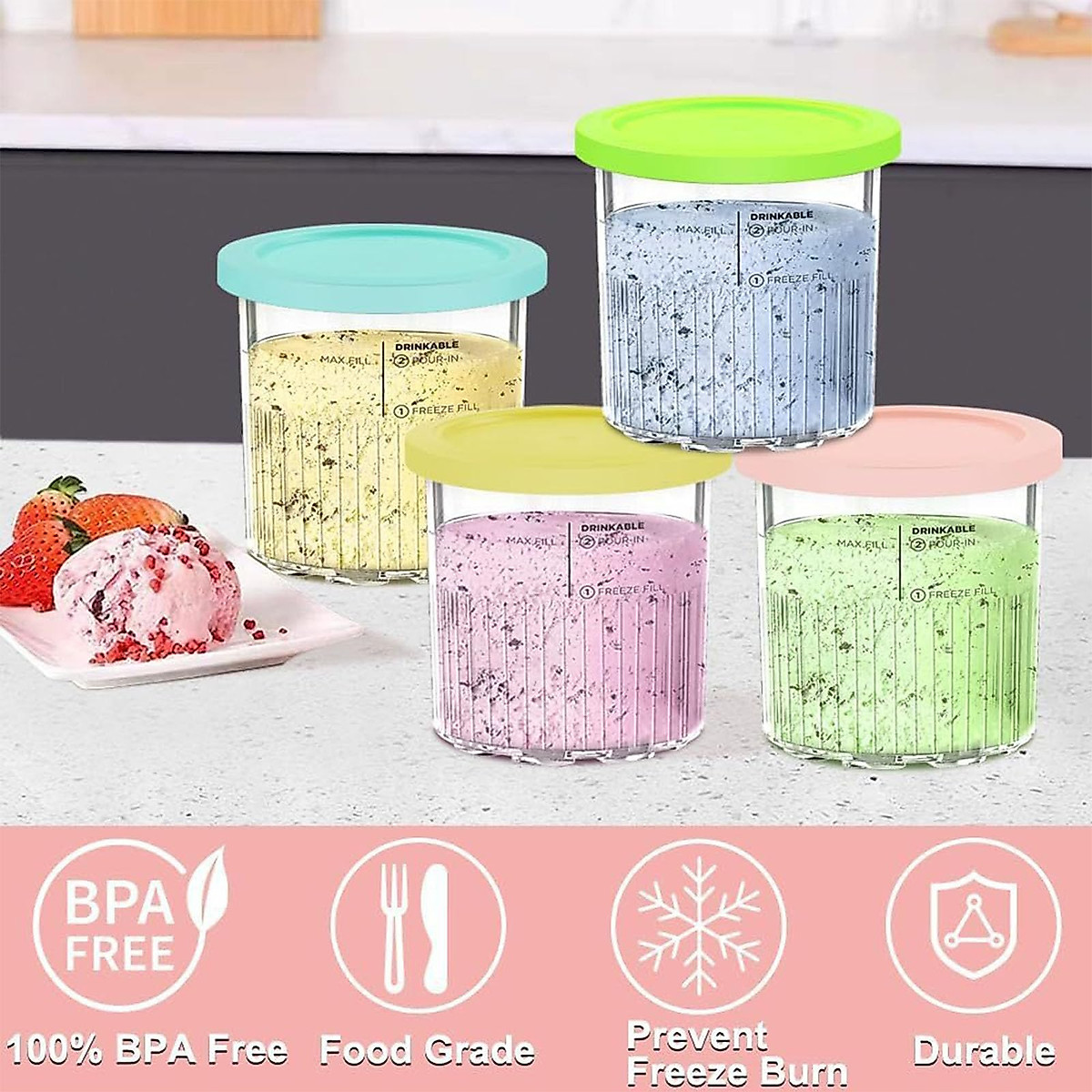 W U Y U E C A T 4-Piece Ninja Creami Pints and Lids, Ice Cream Containers for Ninja Deluxe Ice Cream Maker