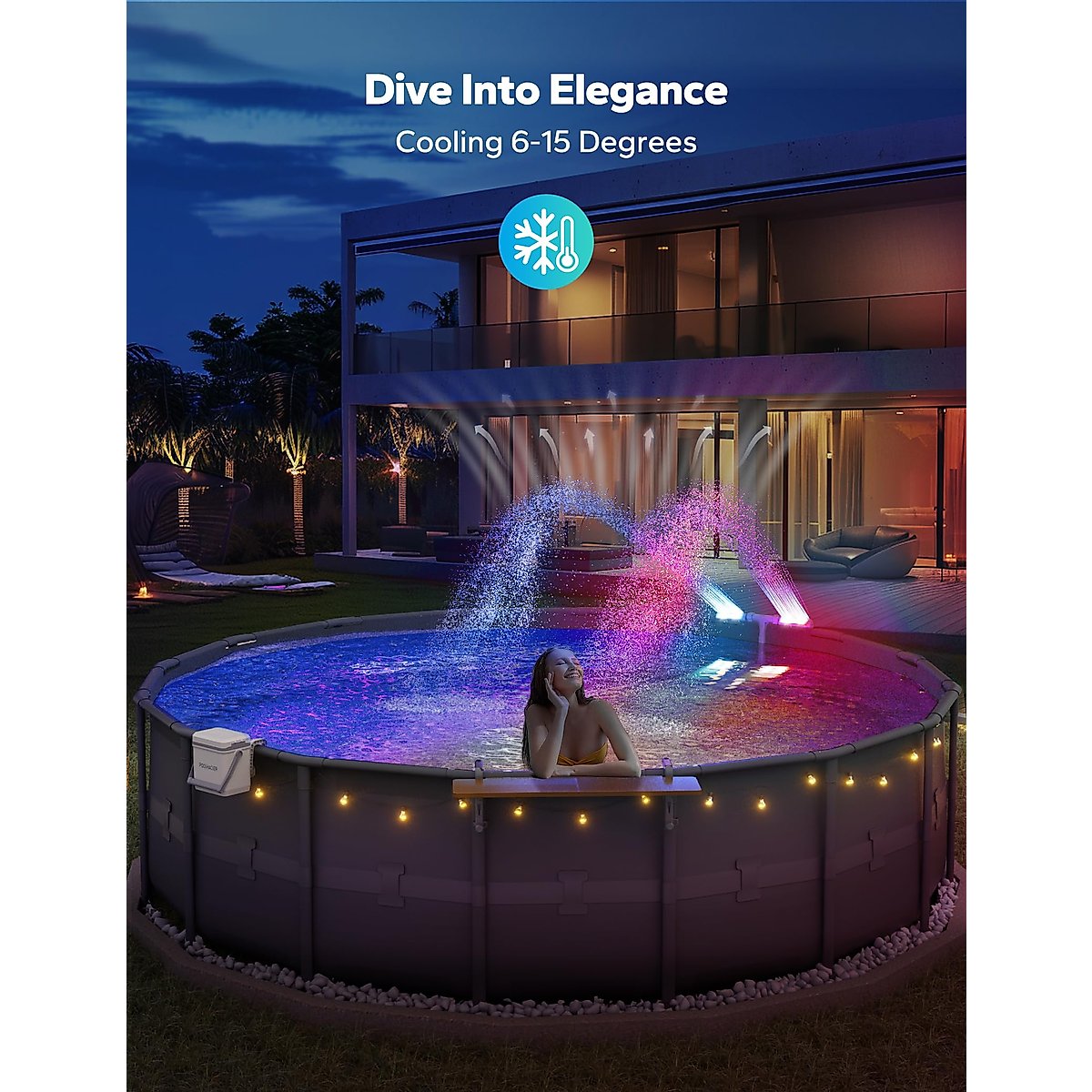 POOLHACKER Pool Fountain with 7-Color LED Lights, Above/Inground Pool Fountain Lights with Remote Control, Adjustable Pool Sprinkler Fountain with Dual Spray Heads, Above Ground Pool Cooling System