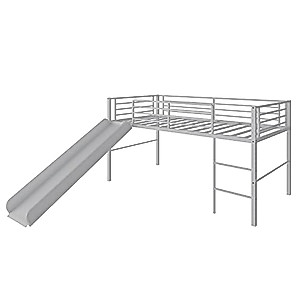 Giantex Twin Loft Bed with Slide, Metal Low Bunk Bed w/Safety Guardrails & Built-in Ladder, Toddler Bed Floor Frame for Boys & Girls, No Box Spring Needed (Silver)