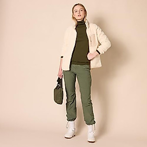 Amazon Essentials Women's Sherpa Long-Sleeve Mock Neck Full-Zip Jacket with Woven Trim (Available in Plus Size), Beige Color Block, Medium