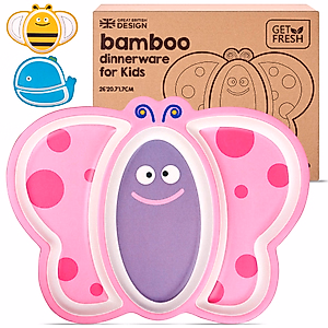 GET FRESH Bamboo Kids Divided Plates – 1pc Butterfly Sectioned Bamboo Fibre Childrens Plates – Cute Animal Bamboo Toddler Divided Plate – Reusable Bamboo Fibre Kids Plates with 3 Compartments