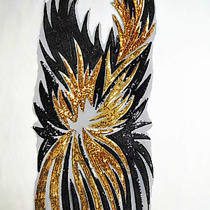 African Sequins Long Appliques Patches Embroidered Nigerian Lace Fabrics French Tulle for Women Evening Clothes Prom Dresses(Black and Gold, 1 Piece(30x130cm))