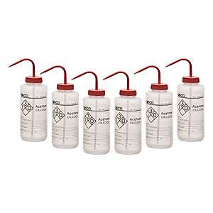 EISCO 6PK Wash Bottles for Acetone, 1000ml - Labeled with Chemical Information & Safety Information (1 Color) - Wide Mouth, Self Venting, Low Density Polyethylene - Performance Plastics Labs