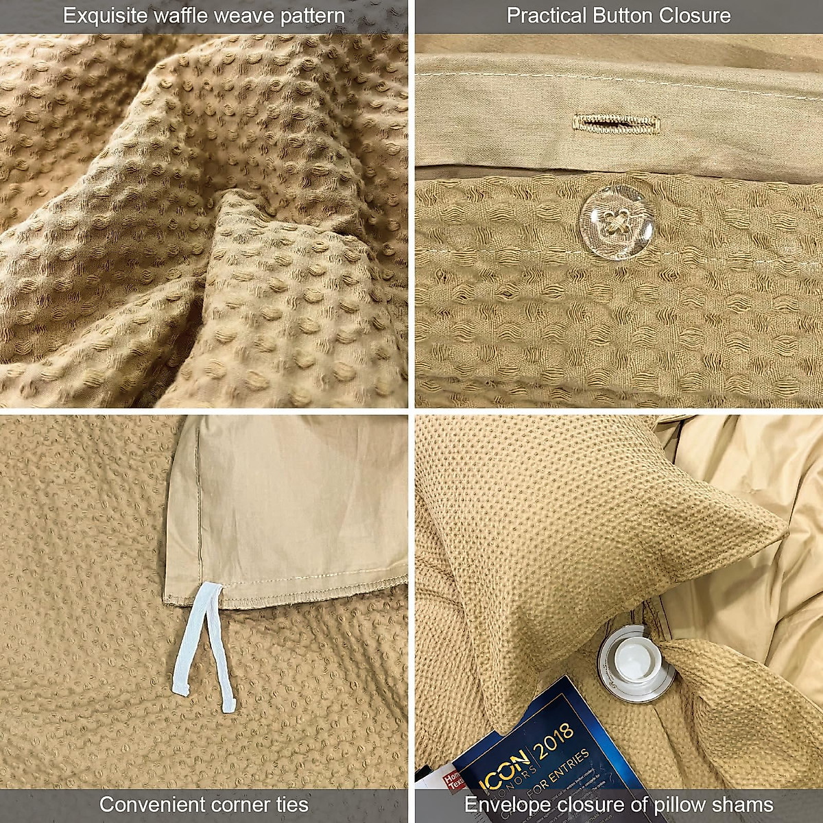 Fredesign Cotton Duvet Cover Queen Size - 100% Cotton Waffle Weave Yellow Duvet Cover Set, 3 Pieces, 1 Duvet Cover with Botton Closure (90" x 90") and 2 Pillow Shams - Comforter Not Included