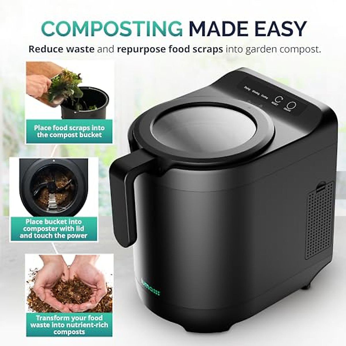 Luma Electric Kitchen Composter, 2.5L Capacity Odorless Countertop Compost Bin with Lid Clear-View Window, Smart Trash Can for Food Disposal, Turn Food Waste into Nutrient-Rich Plant Food