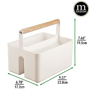 mDesign Plastic Portable Nursery Organizer Caddy Tote, Divided Basket Bin with Natural Oak Handle - Hold Bottles, Spoons, Bibs, Pacifiers, Diapers, Wipes, Baby Lotion - Aura Collection - Cream/Natural