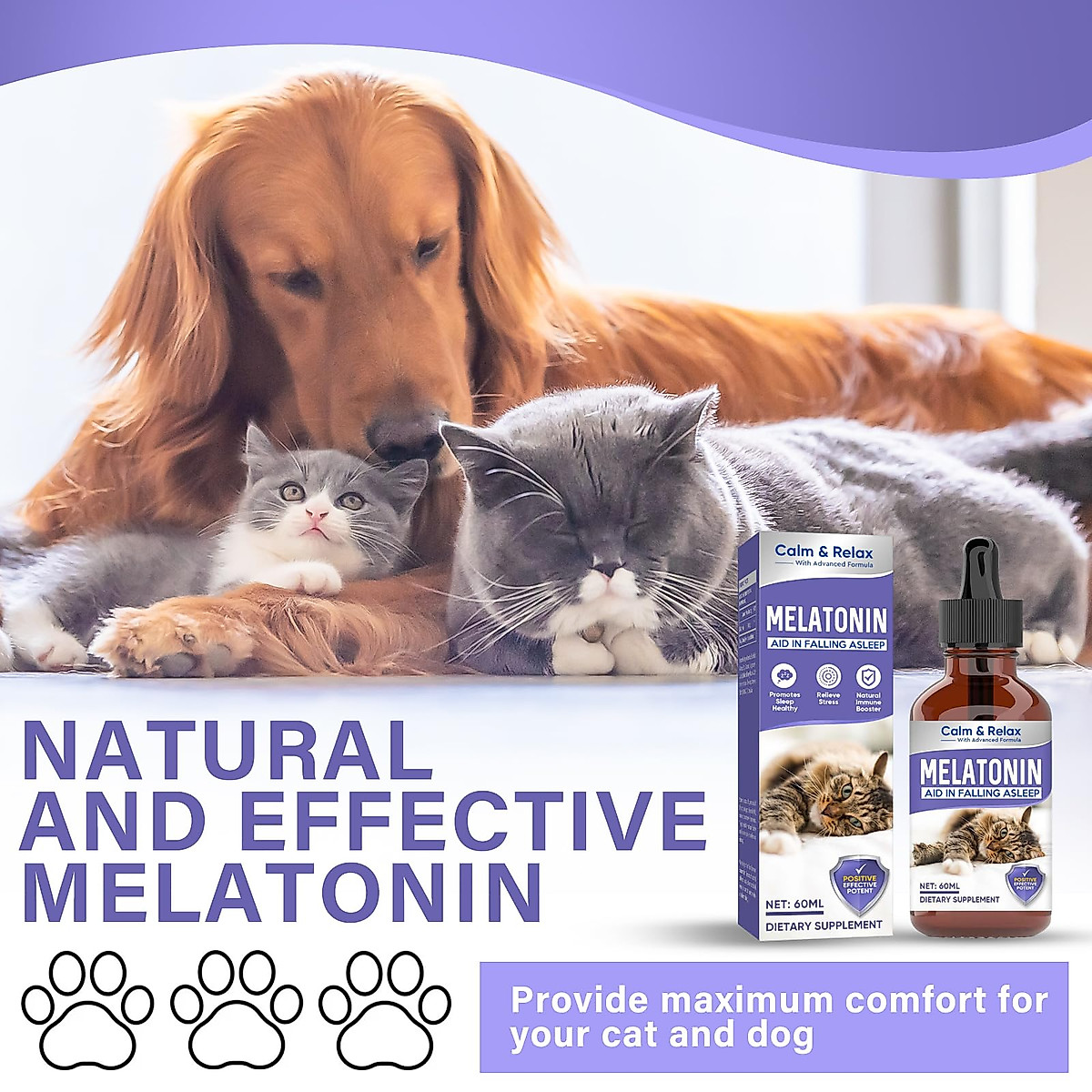 Atrilly Cat Melatonin, Melatonin for Cats, Natural Cat Calming Drops, Anxiety & Stress Relief, Promote Relaxation & Deep Sleep for Cat & Dog, 60ml, Purple