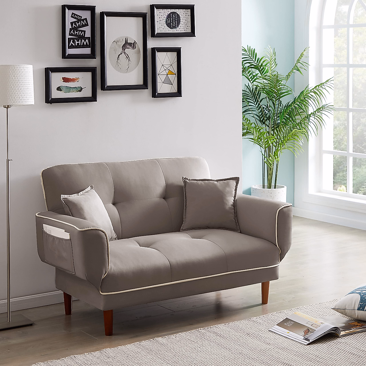 Lepfun Convertible Bed 2 Pillows, Loveseat Sleeper Futon, Recliner Couch with Adjustable Armrest and Wood Legs,Living Room Sofa with Backrest for Small Space(Light Grey)