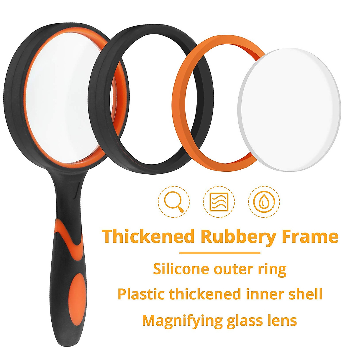 MJIYA Magnifying Glass, 8X Handheld Reading Magnifier for Kids and Seniors, Non-Scratch Quality Glass Lens, Shatterproof Design, Microfibre Cleaning Cloth Included (65mm, Orange)