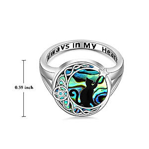 Cat Engagement Ring Sterling Silver Black Cat on Celtic Knot Moon Matching Thumb Couple Rings for Women Abalone Cute Animal Jewelry Halloween Christmas Gifts Size 9