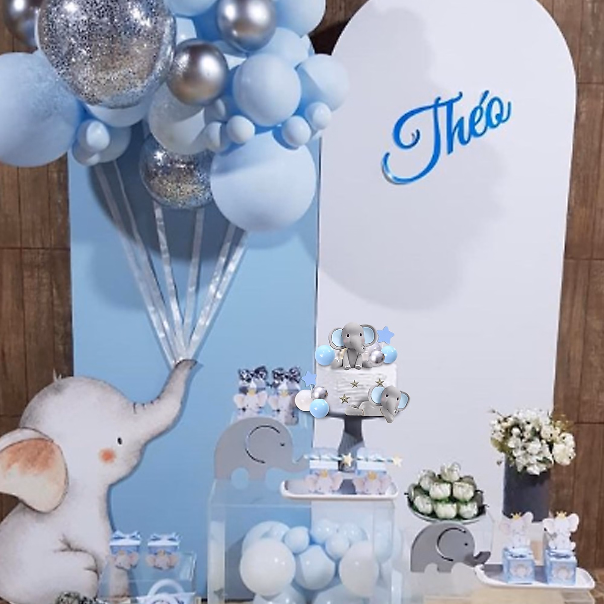 32 Pcs Elephant Cake Decoration with Mini Elephant Blue White Pearl Balls for Baby Shower Boy Elephant Theme Birthday Party Supplies (BLUE)